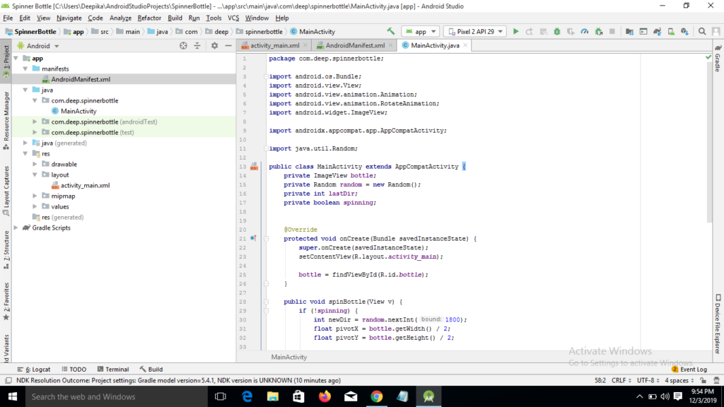 Create Spinner Bottle game App with Source code using android studio