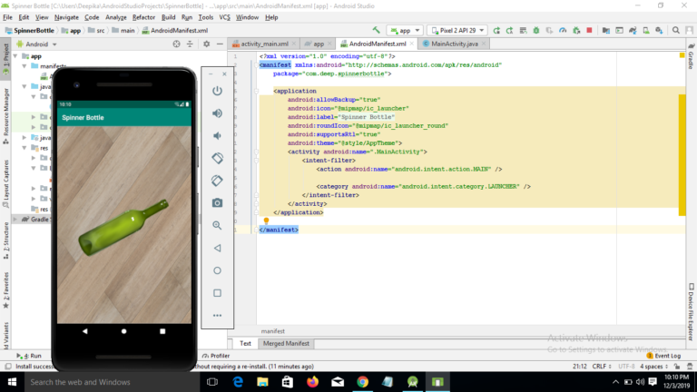 Create Spinner Bottle game App with Source code using android studio